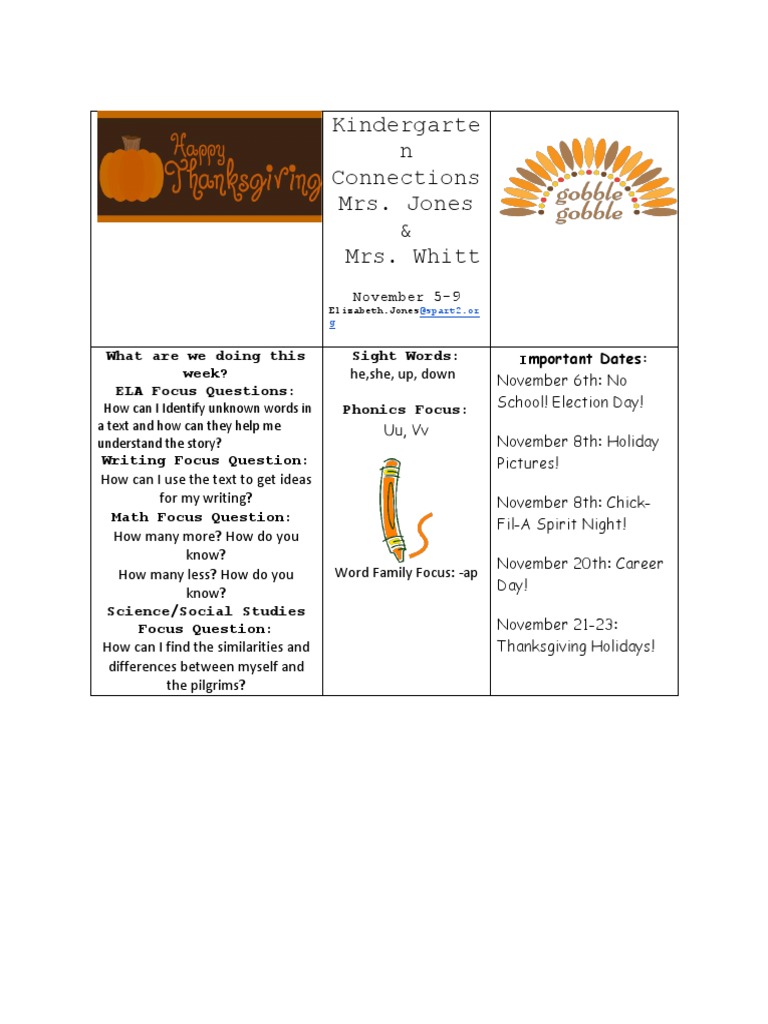 Weekly Kindergarten Overview: Nov 5-9 | PDF | Language Arts & Discipline