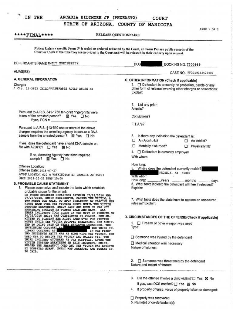 Emily Morissette Arrest Document | PDF