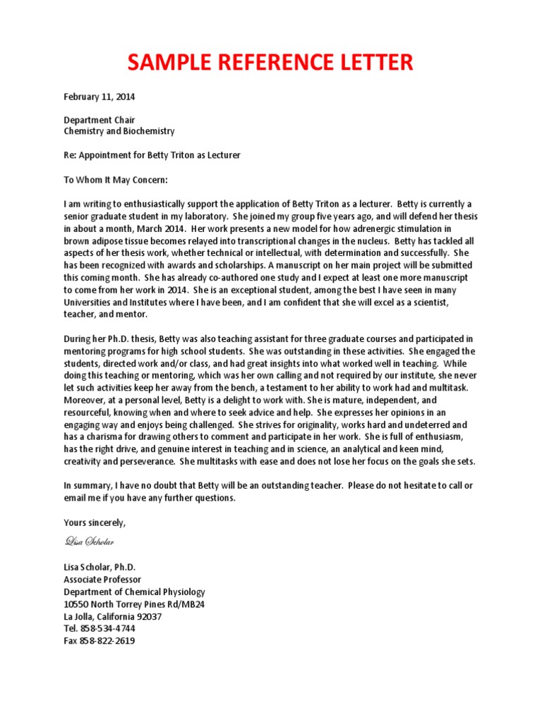 Sample Reference Letter | PDF | Doctor Of Philosophy | Mentorship