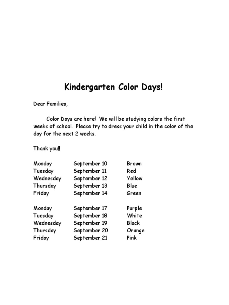 Kindergarten Color Days | PDF