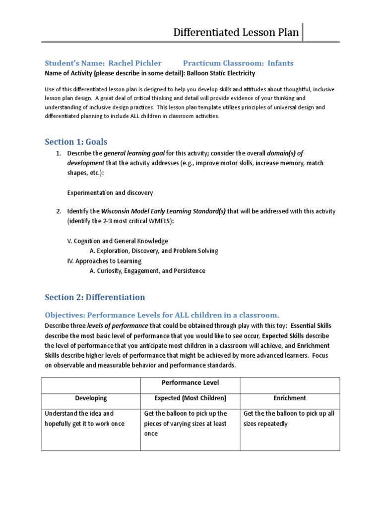 Differentiated Lesson Plan: Section 1: Goals | PDF | Lesson Plan ...