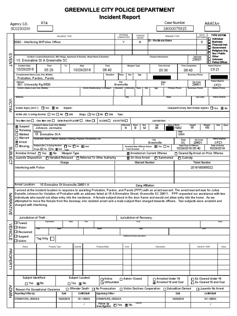 Greenville Police Department Incident Report - Redacted | PDF | Arrest ...