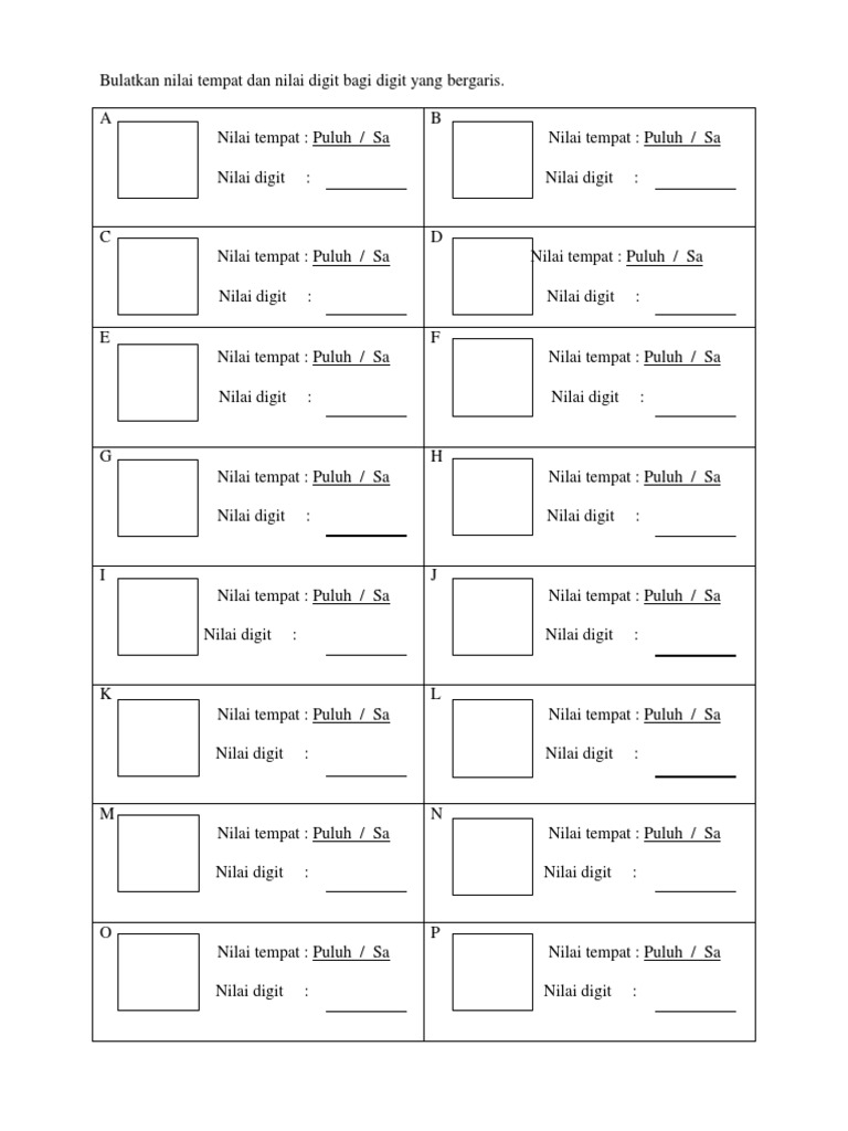 Latihan Matematik Tahun 1 Nilai Tempat Dan Nilai Digi 