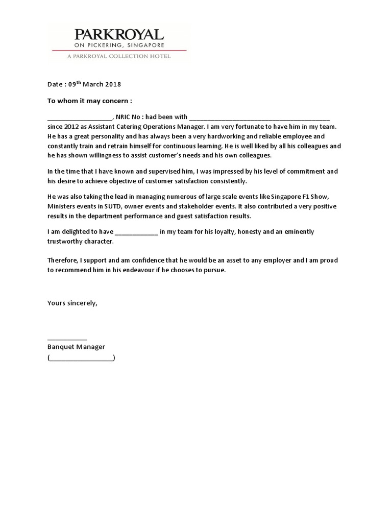 A Letter of Recommendation for an Assistant Catering Operations Manager ...