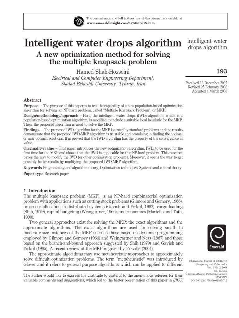 Intelligent Water Drops Algorithm A New Optimization Method PDF | PDF | Metaheuristic ...