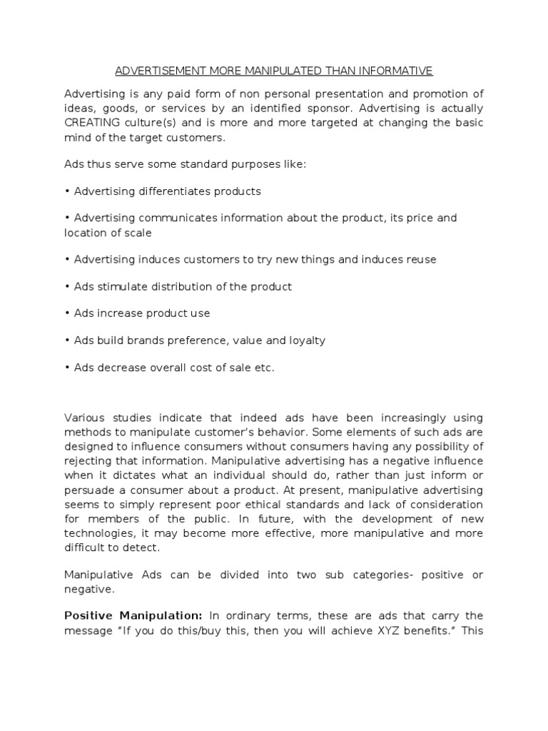 Advertisement More Manipulated Than Informative | PDF | Advertising ...