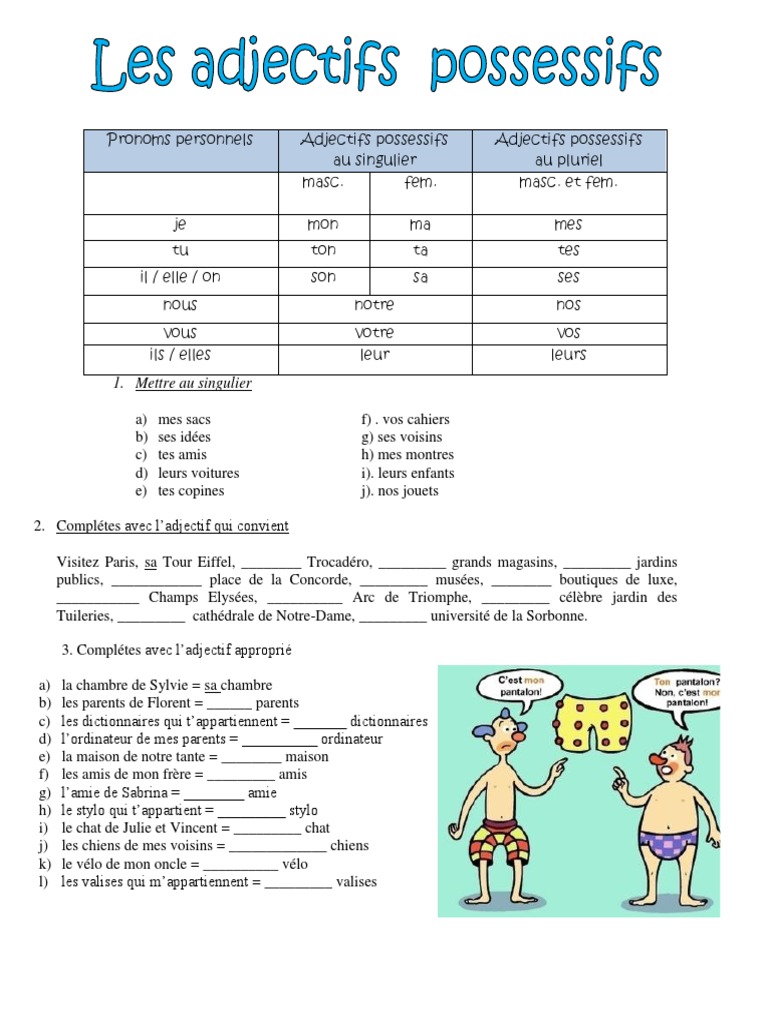 Adjectifs possessifs : Exercices et règles | PDF