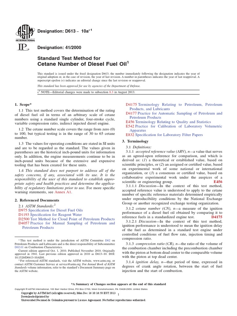 D613 Cetane Number of Diesel Fuel Oil PDF | PDF | Diesel Engine | Fuel Injection