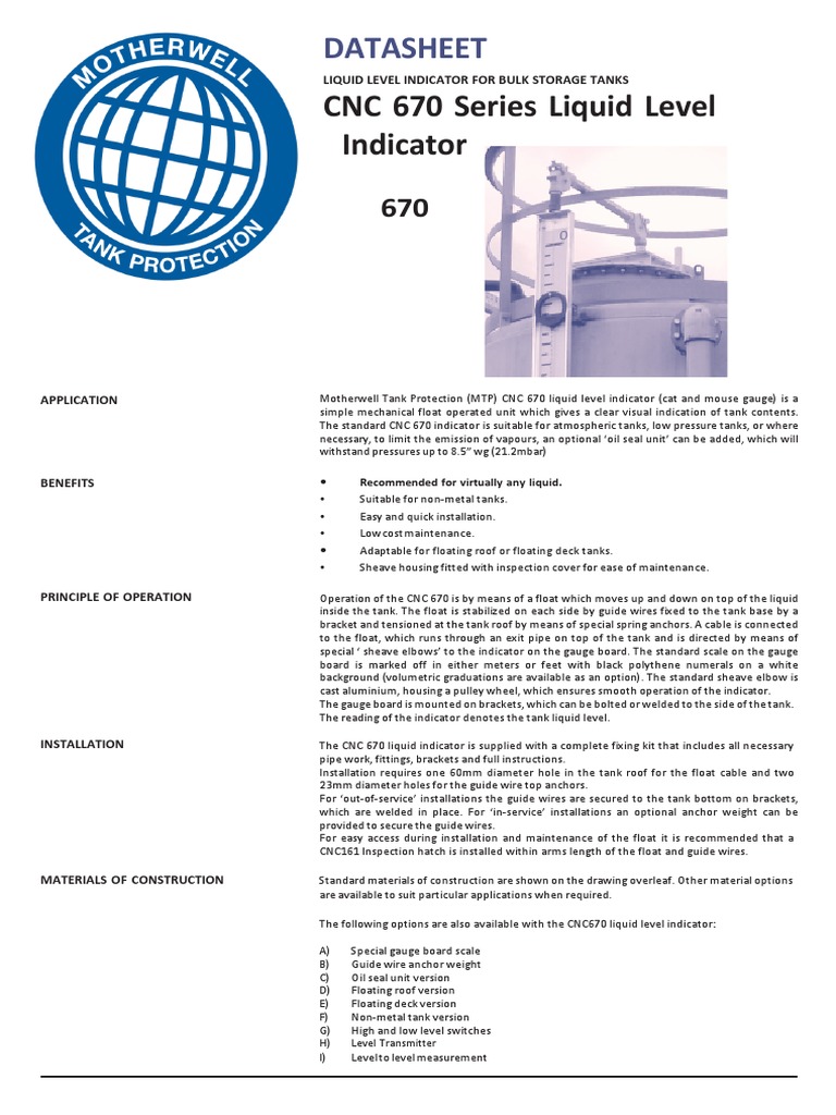CNC 670 Series Liquid Level Indicator: Datasheet | PDF | Pipe (Fluid ...