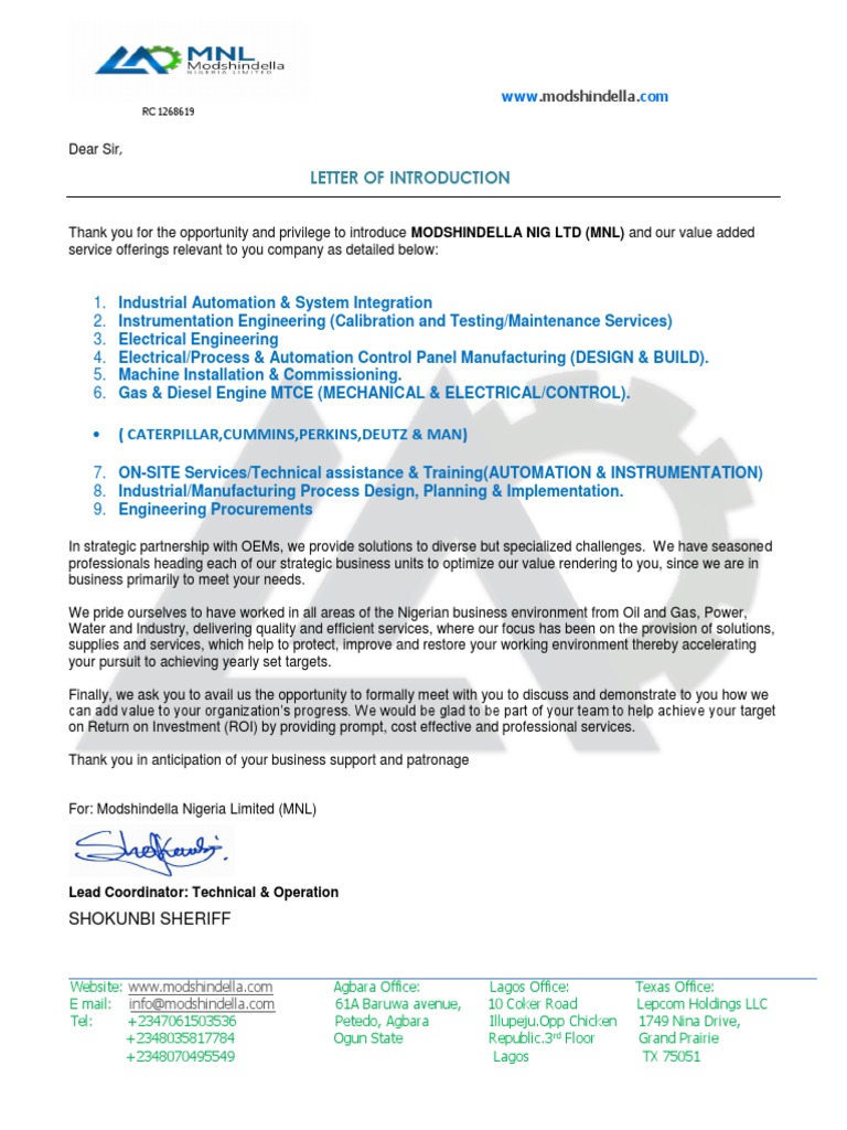 MNL Letter of Introduction | PDF | Automation | Instrumentation