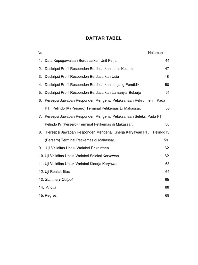 Contoh Daftar Tabel Laporan Skripsi | PDF