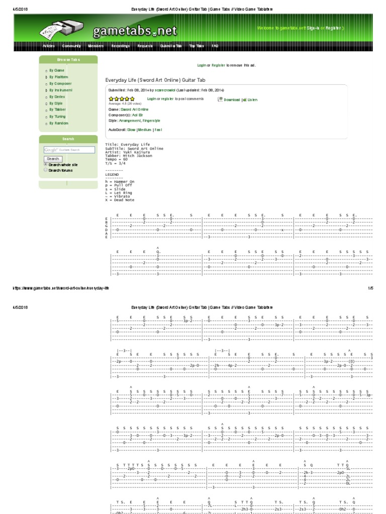 Everyday Life (Sword Art Online) Guitar Tab - Game Tabs - Video Game ...