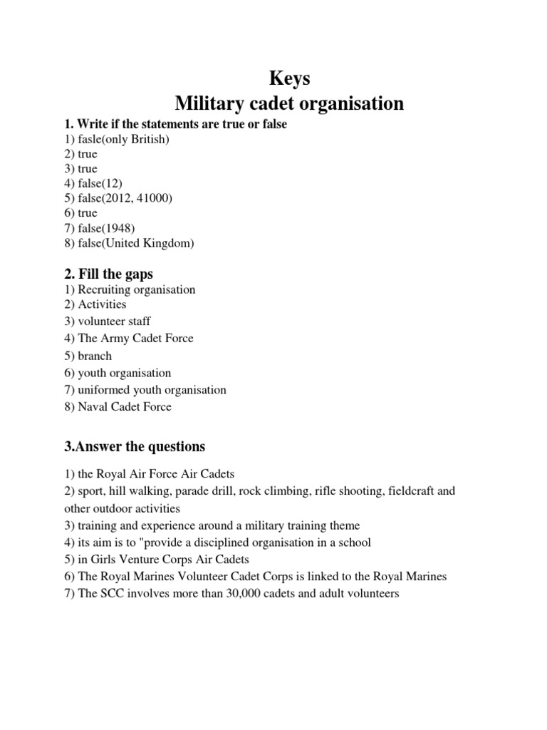 Keys Military Cadet Organisation: 1. Write If The Statements Are True ...