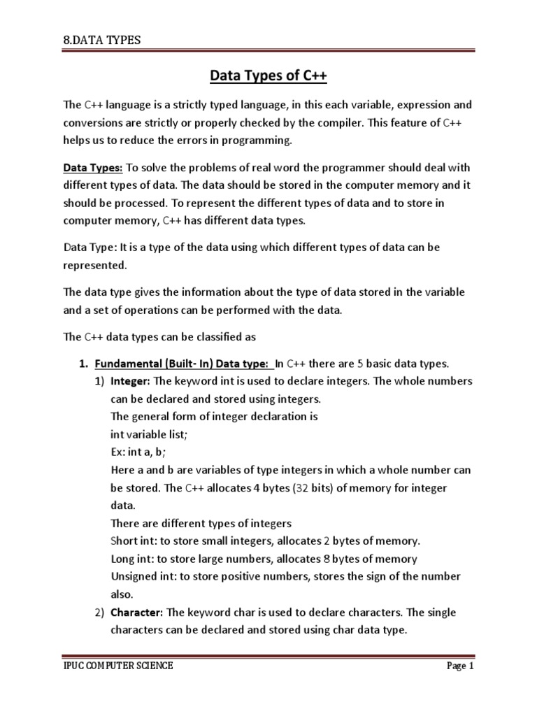 Data Types of C++: Data Types: To Solve The Problems of Real Word The Programmer Should Deal ...