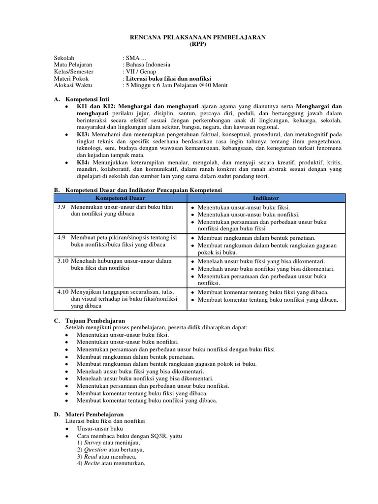 Contoh RPP K13 Bahasa Indonesia Literasi Buku Fiksi Dan Nonfiksi ...