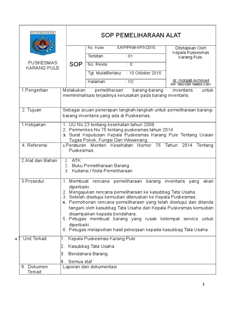 SOP Pemeliharaan Alat | PDF