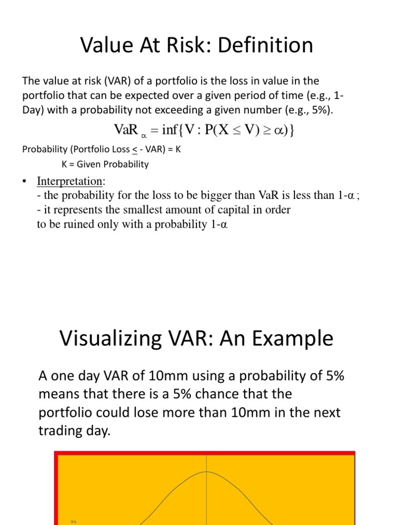 Value at Risk: Definition:) ) ) V X (P: V Inf (Var | PDF | History