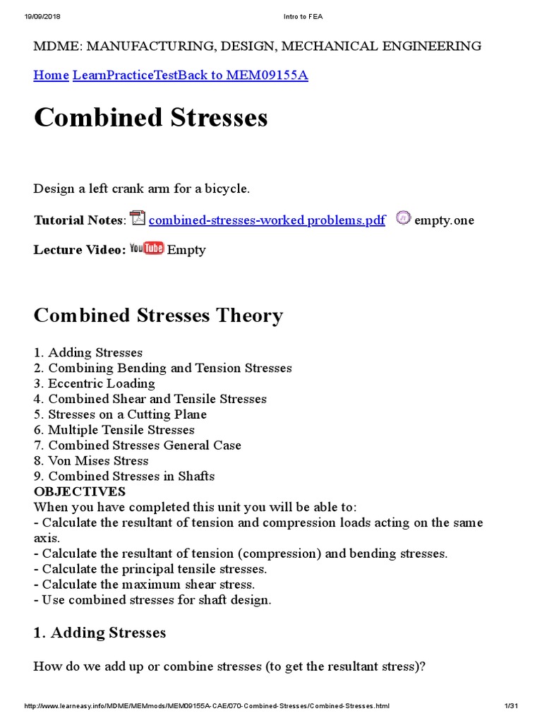 Combining Stresses | PDF | Stress (Mechanics) | Bending