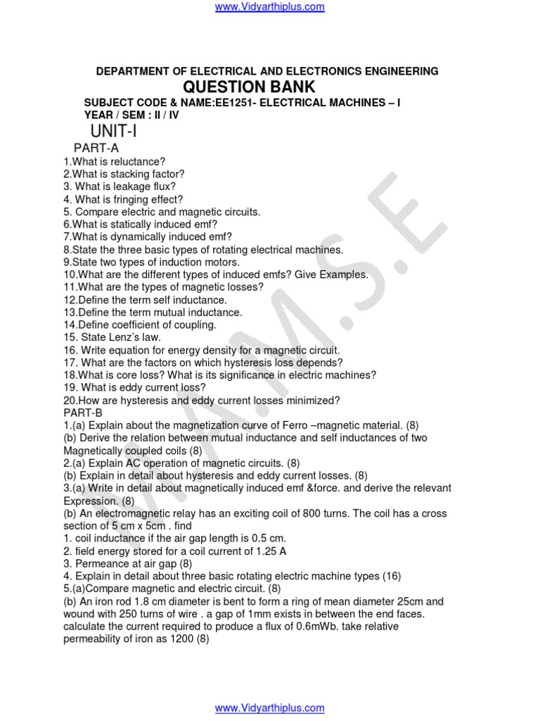 Analysis of Question Bank for Electrical Machines I Subject Focusing on ...