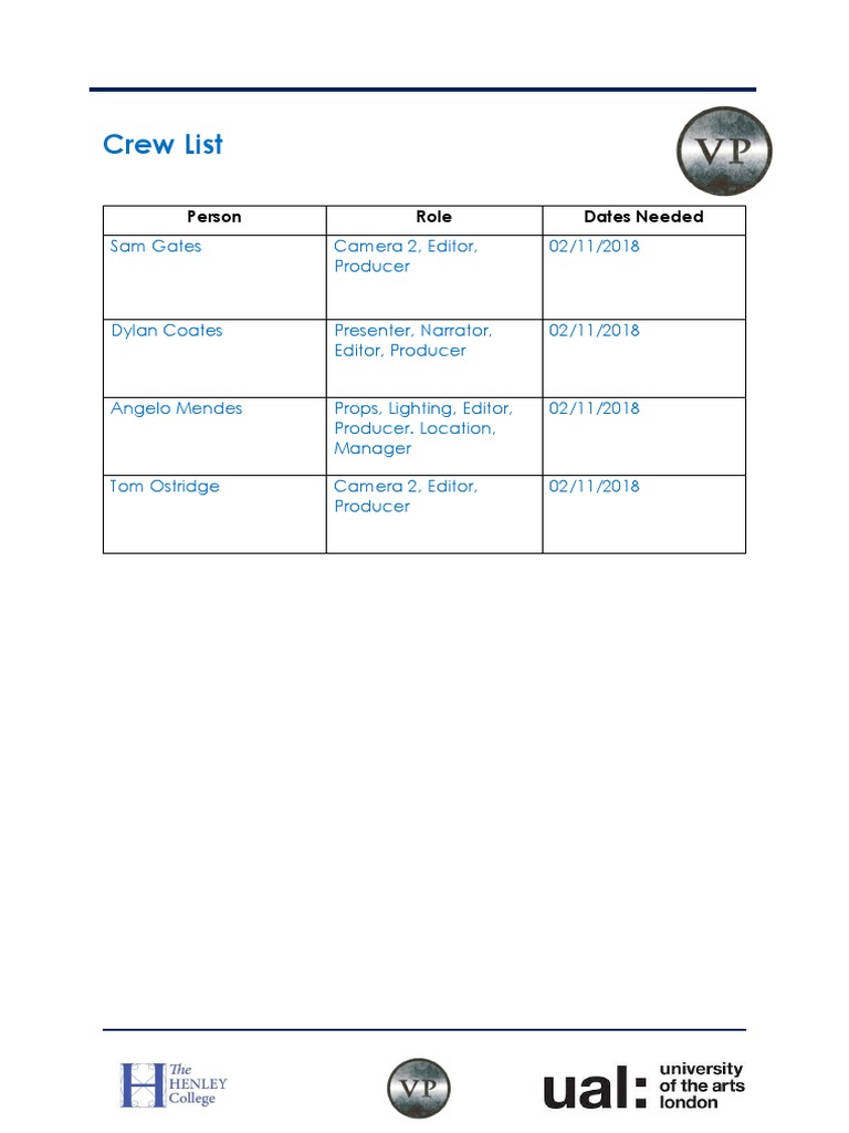 Crew List for Production Team | PDF | Games & Activities