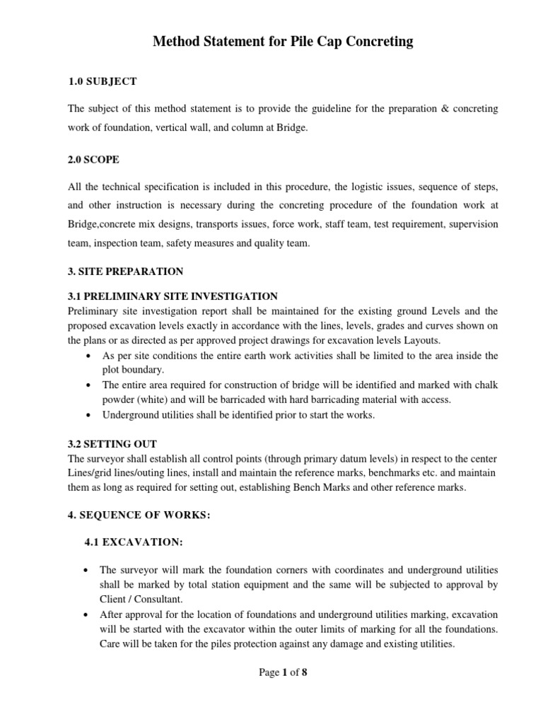 Method Statement For Pile Cap Concreting | PDF | Concrete | Deep Foundation