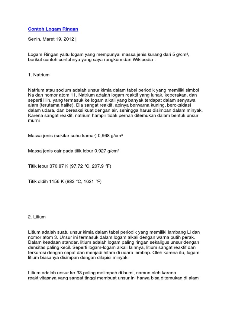 Contoh Logam Ringan | PDF | Sains & Matematika