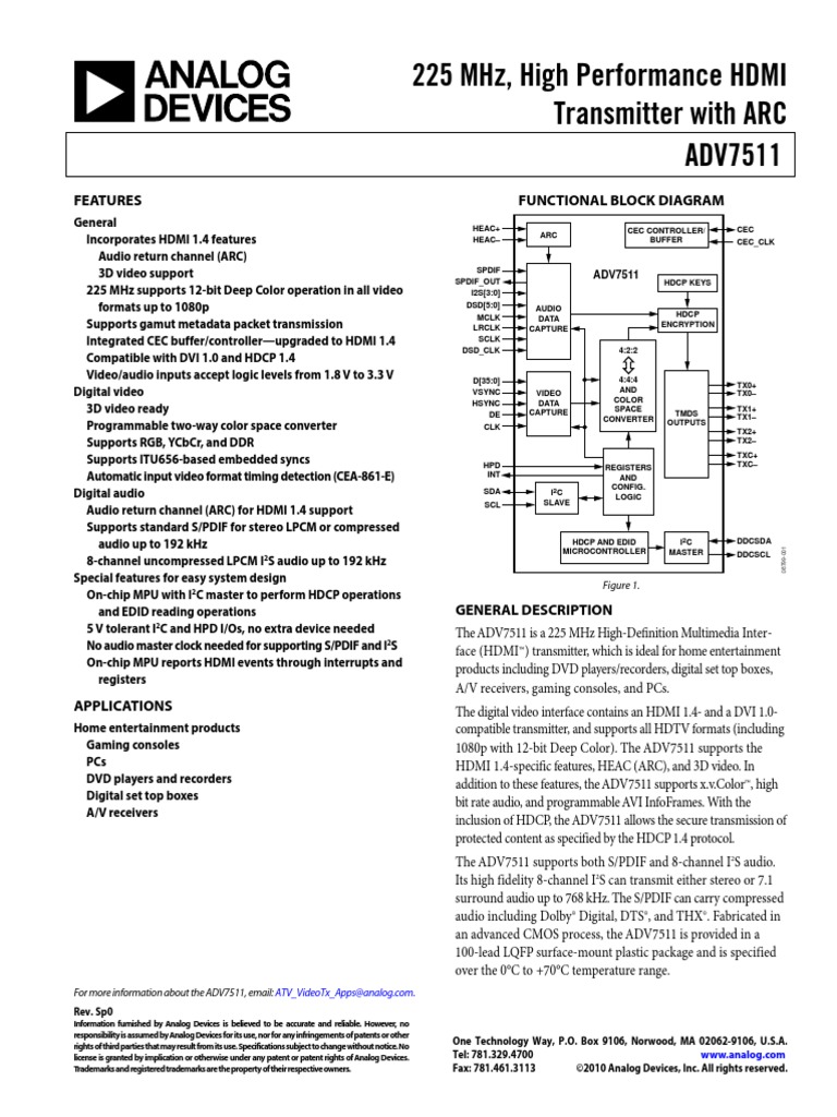 225 MHZ, High Performance Hdmi Transmitter With Arc Adv7511: Features ...