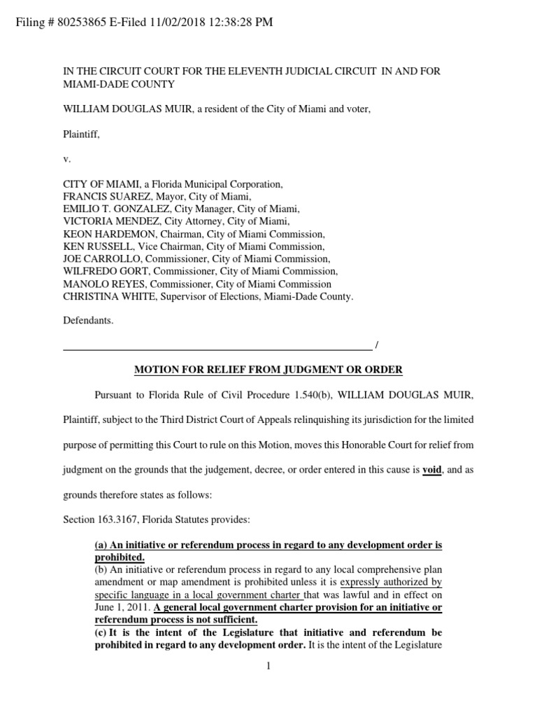 Doug Muir: Motion For Relief 11.2.18 | PDF | Miami Dade County ...