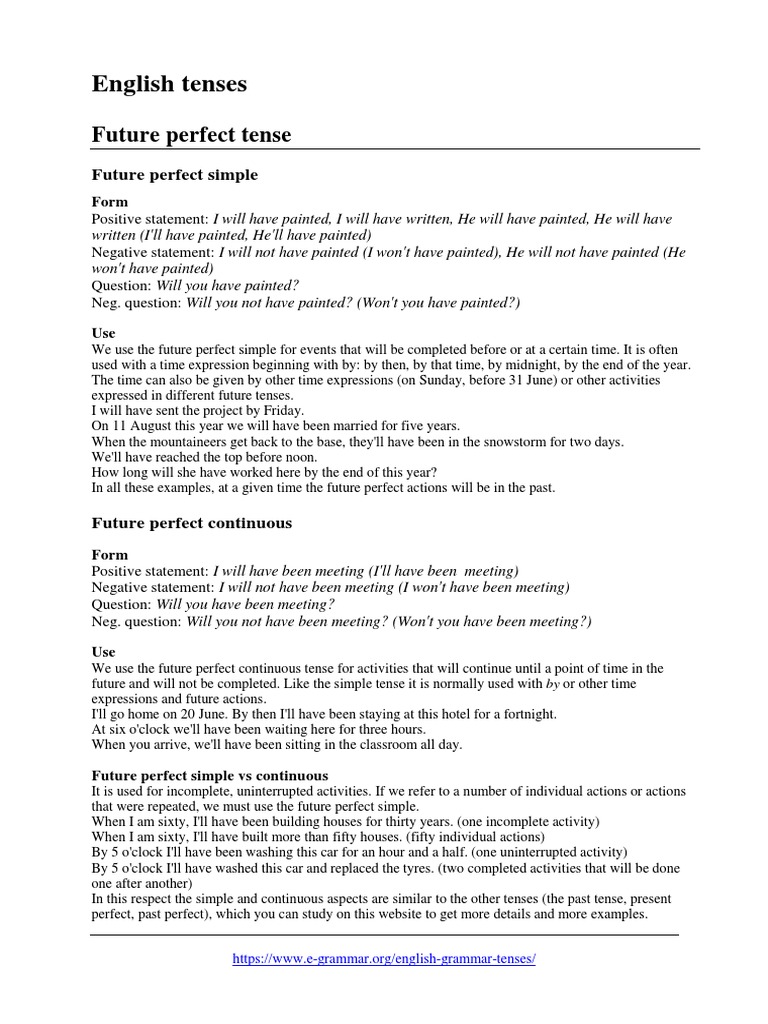 Future Perfect Tense PDF | PDF | Perfect (Grammar) | Grammatical Tense