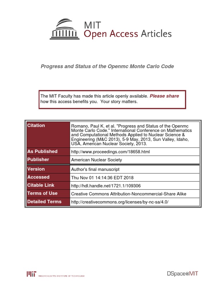 Progress and Status of The Openmc Monte Carlo Code: Citation | PDF | Xml Schema | Computing