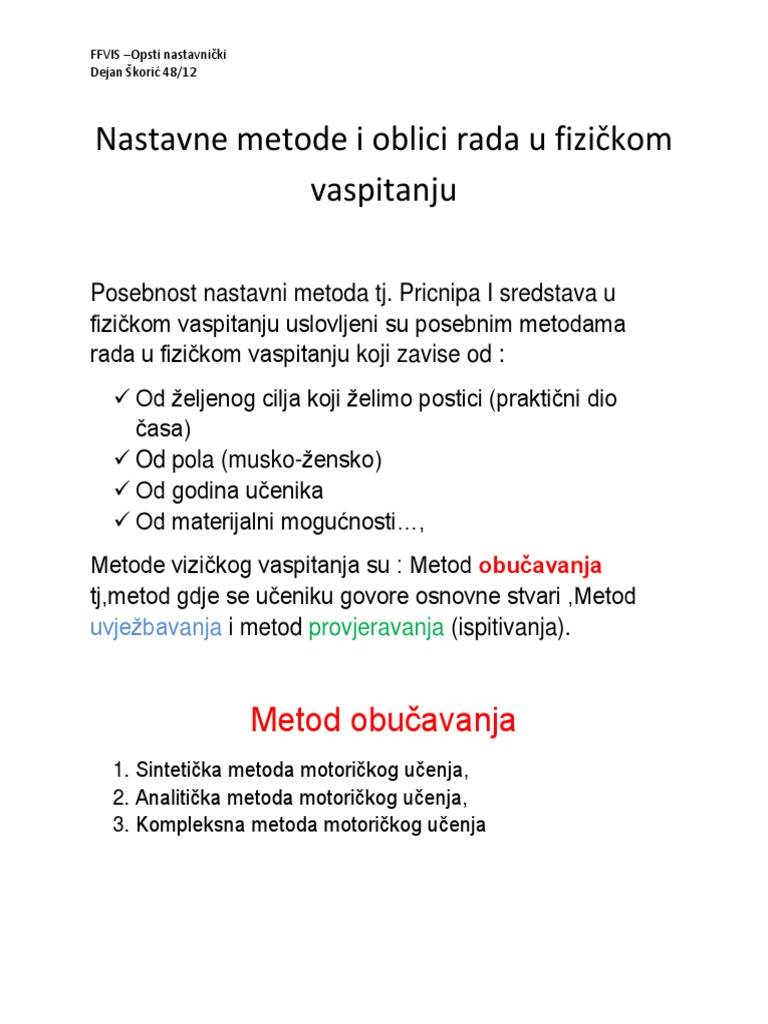 Nastavne Metode I Oblici Rada U Fizičkom Vaspitanju: Metod Obučavanja | PDF