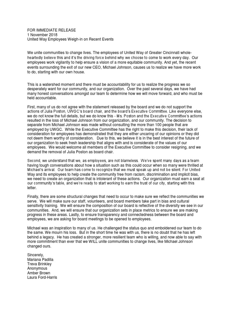 United Way employee letter