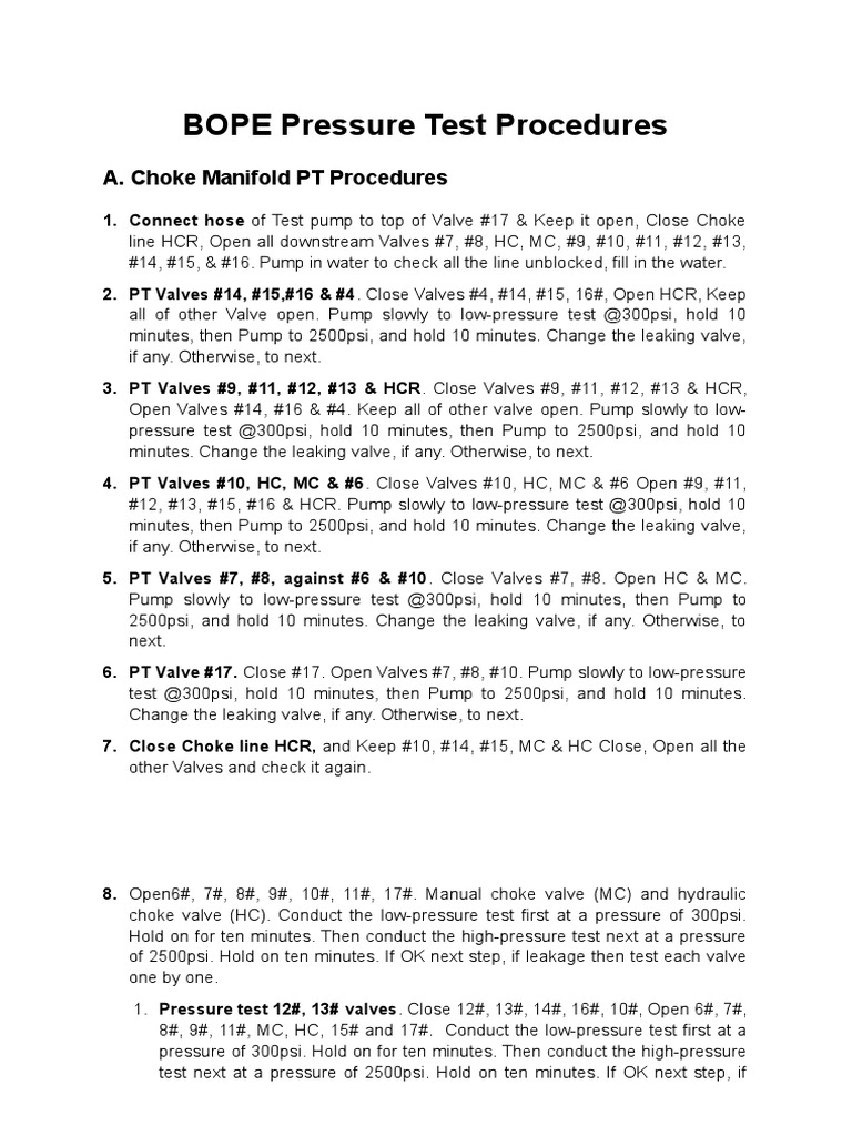 BOPE Pressure Test Procedures: A. Choke Manifold PT Procedures ...