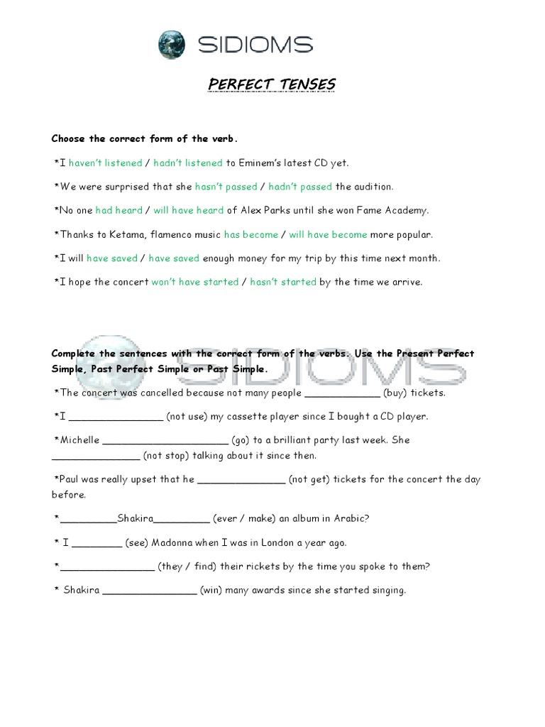 Perfect Tenses Practice Worksheet | PDF