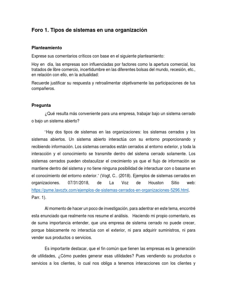 Foro 1. Tipos de Sistemas en Una Organización (IEU) | PDF | Foro de Internet | Conocimiento