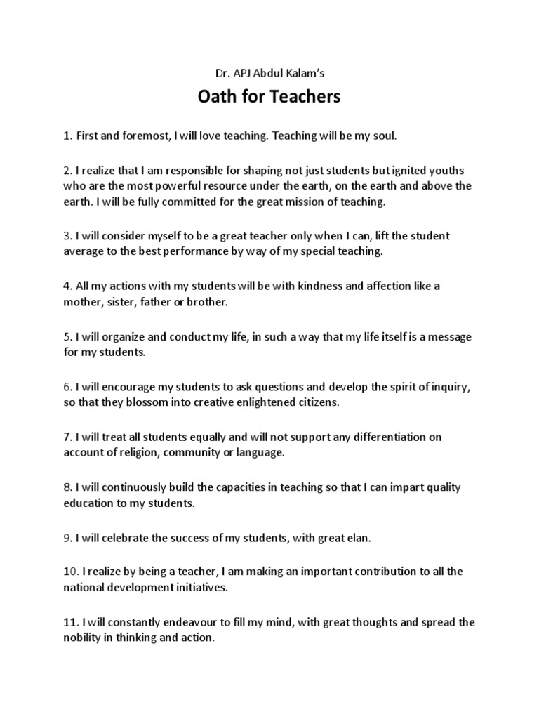 Dr. APJ Abdul Kalam's Oath For Teachers - Anel C Sarasan | PDF | Cognition