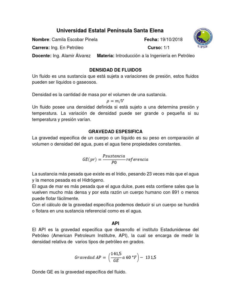 Densidad de Fluido, Gravedad Especifica y API | PDF | Petróleo | Densidad