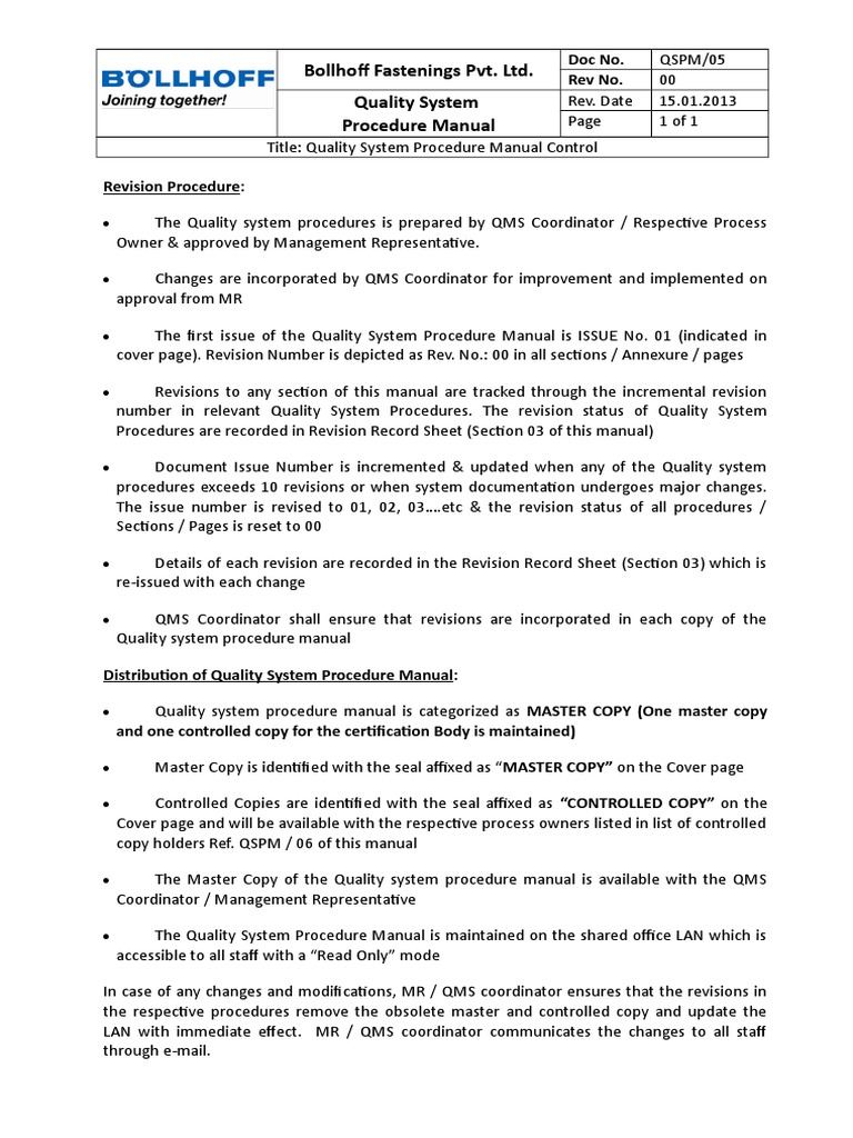 Quality System Procedure Manual Control | PDF | Quality Management ...