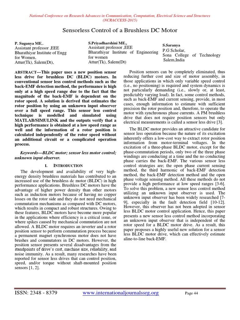 Sensorless Control of A Brushless DC Motor | PDF | Electric Motor ...