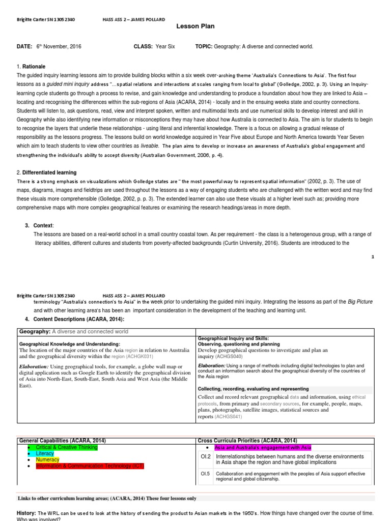 Lesson Plan: Date: 6 CLASS: Year Six TOPIC: Geography: A Diverse and ...