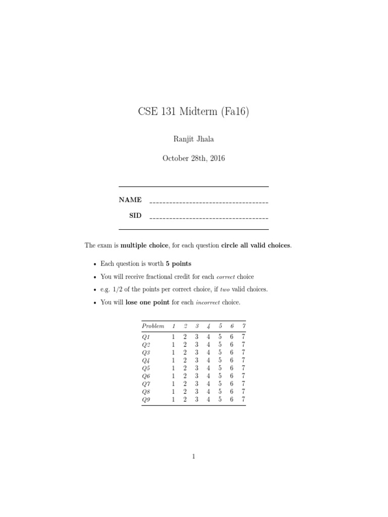 CSE 131 Midterm (Fa16) exam questions | PDF | Boolean Data Type | Theoretical Computer Science