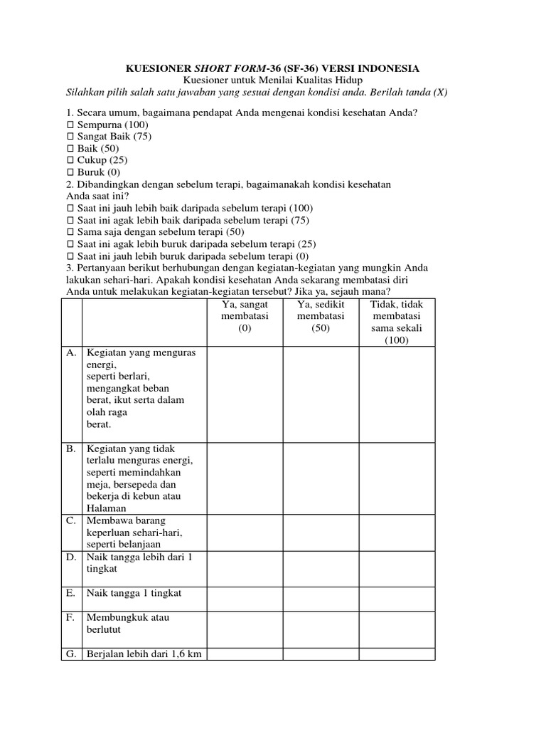 Kuesioner Short Form | PDF | Gaya Hidup