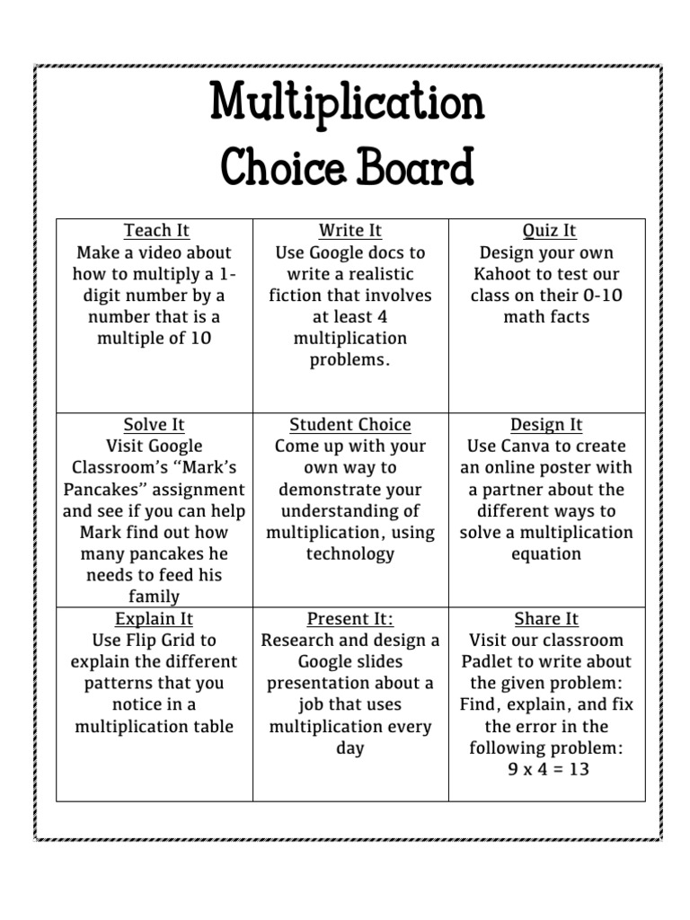 Multiplication Choice Board | PDF | Art | Computers