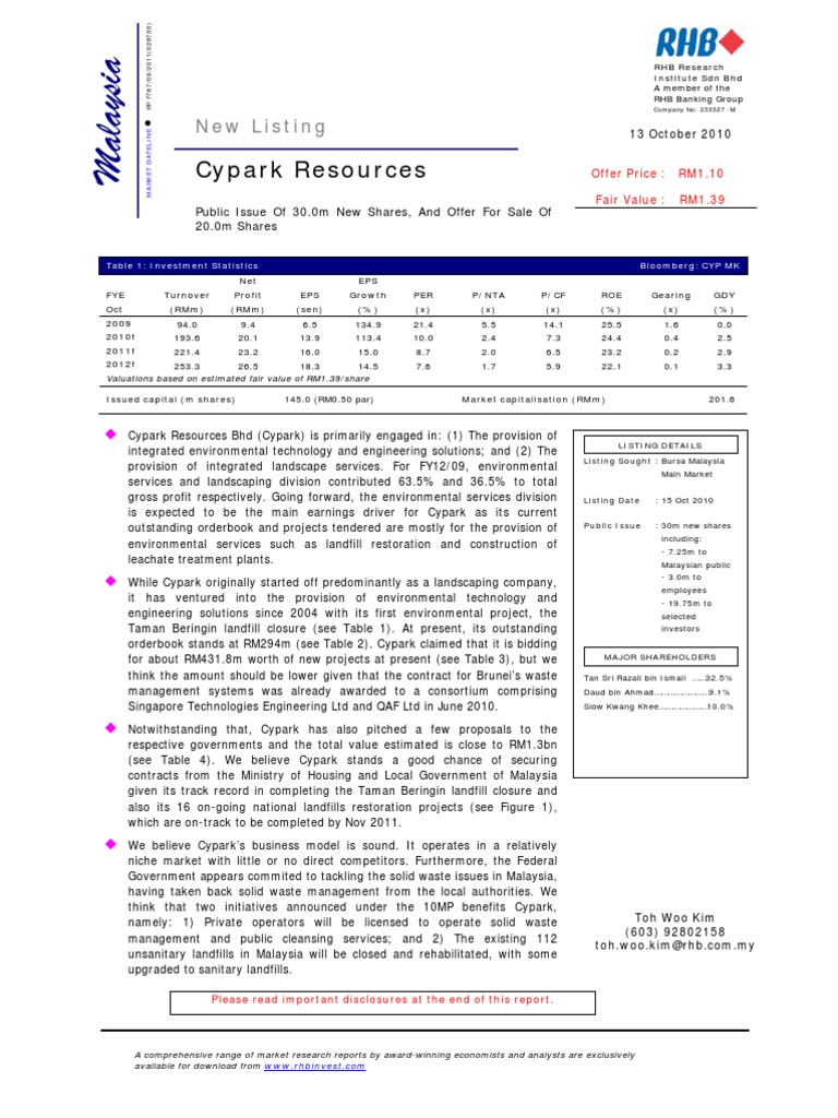 Cypark Resources Berhad: Public Issue of 30.0m New Shares, and Offer ...