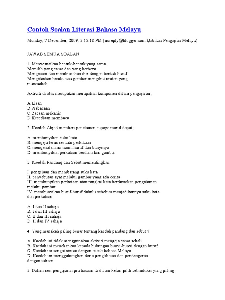Contoh Soalan Literasi Bahasa Melayu | PDF