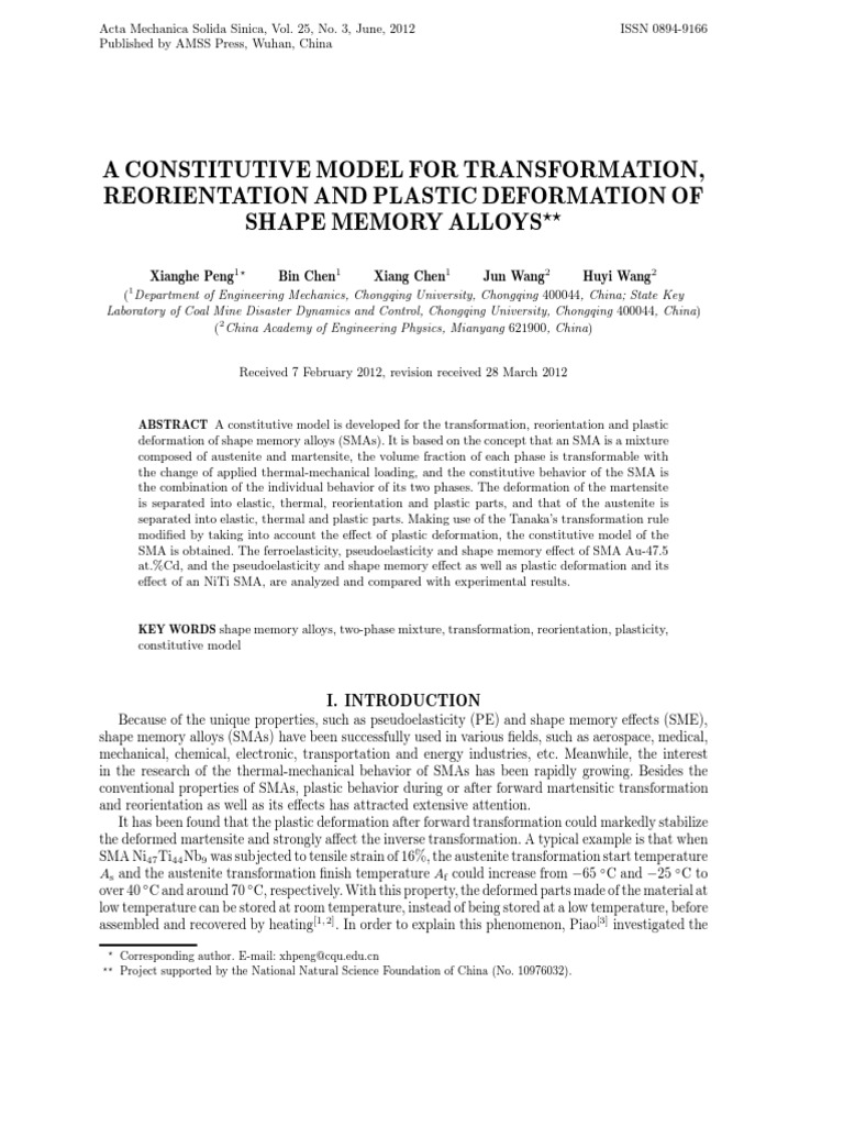 A Constitutive Model For Transformation, Reorientation and Plastic Deformation of Shape Memory ...