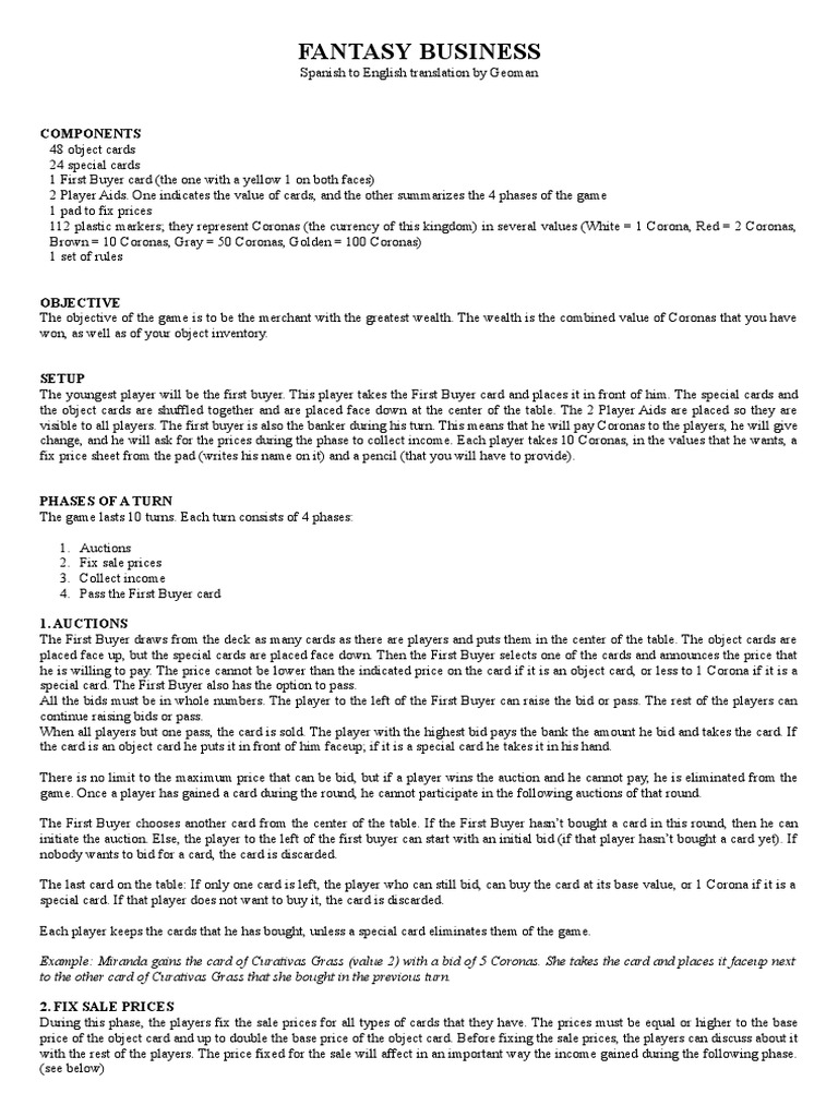 Fantasy Business: Components | PDF | Auction | Betting In Poker