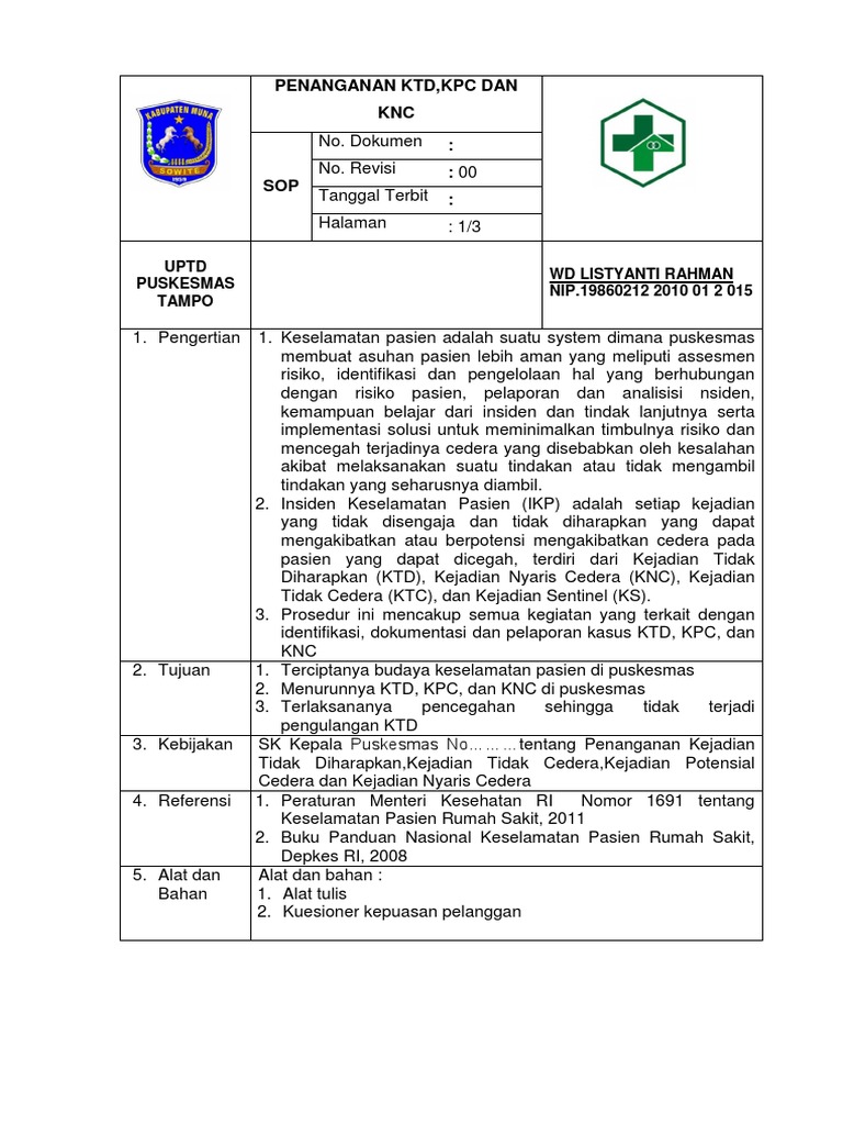 9.1.1.6 Sop Penanganan Dan Pelaporan KTD, KTC, KNC Dan KPC Serta Resiko Klinis | PDF