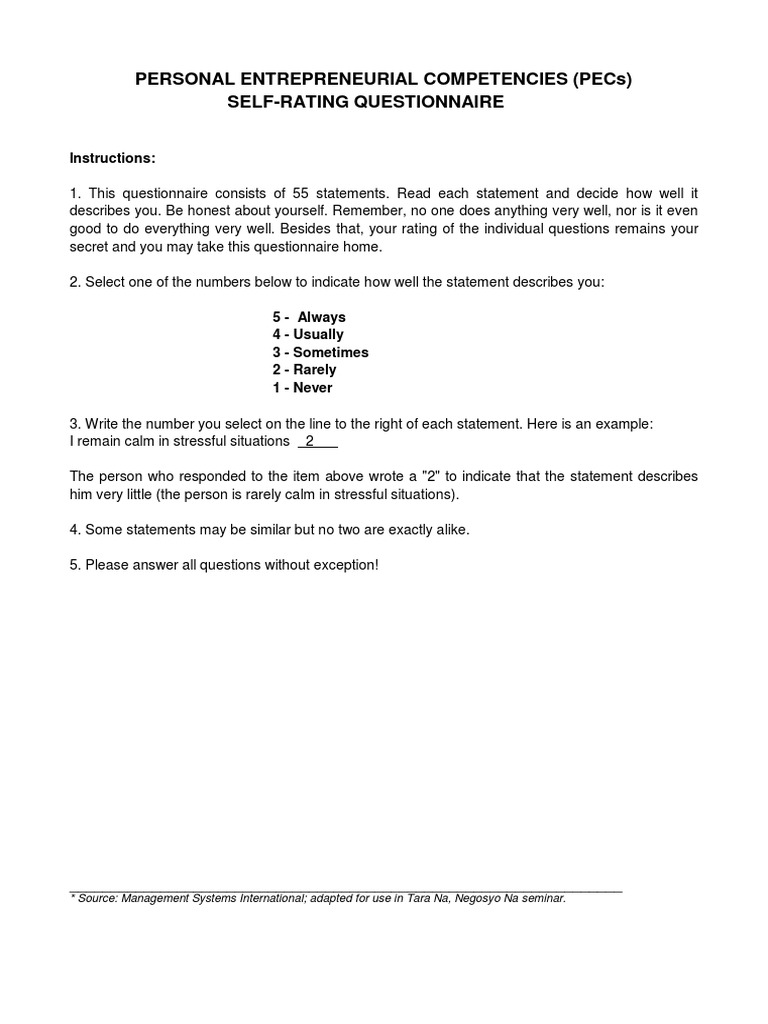 Page 1 of PEC Self Rating Questionnaire | PDF