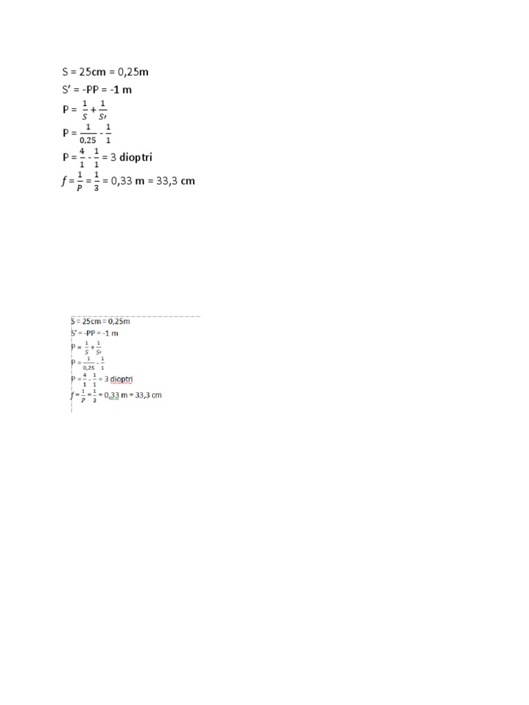 S 25cm 0,25m S' - PP - 1 M P + P - P - 3 Dioptri 0,33 M 33,3 CM | PDF